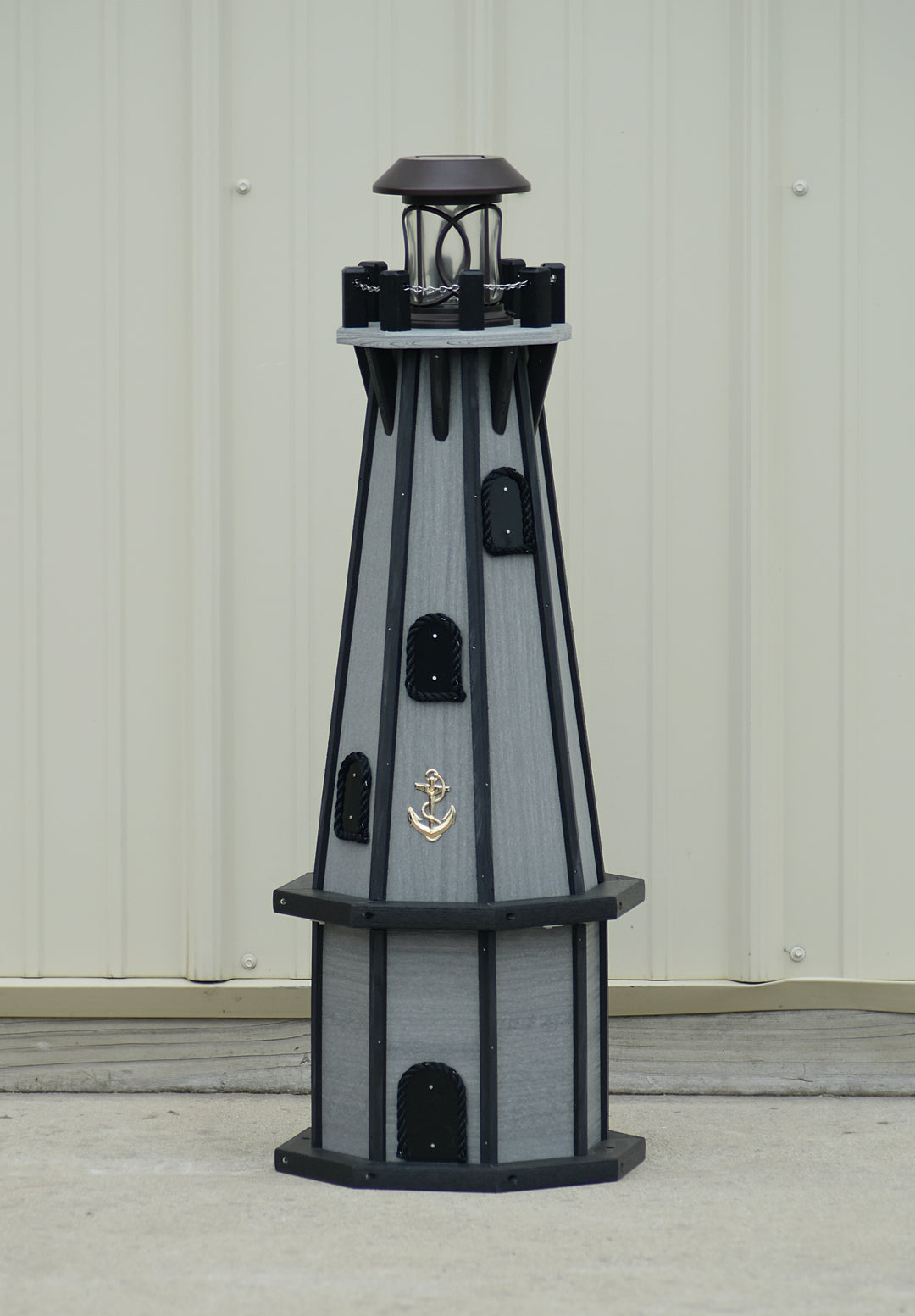 32" Octagon Solar Powered Poly Lighthouse Driftwood Gray with Black Tr ...